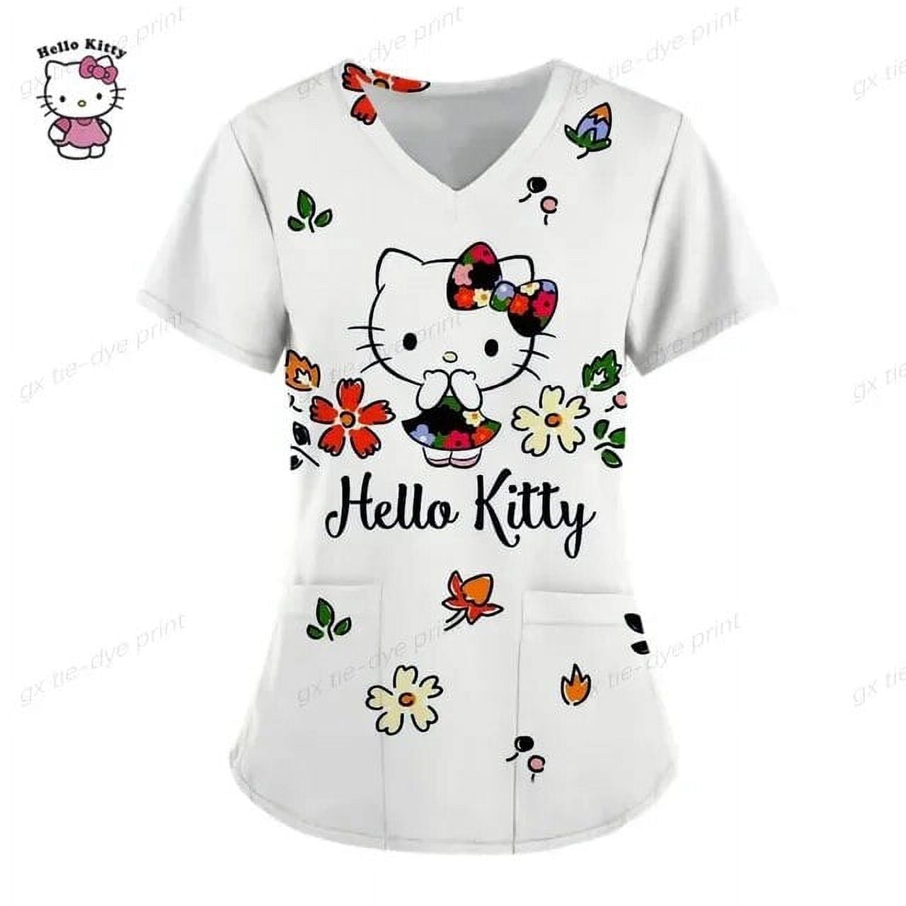 Kawaii Nurse Uniform Scrubs Tops Womens Cartoon Hello Kitty Print Short ...