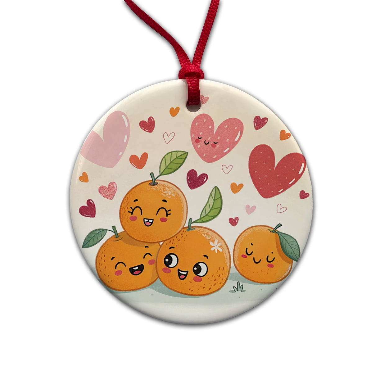 Kawaii Oranges And Hearts Christmas Tree Holiday Round Ceramic Ornament ...