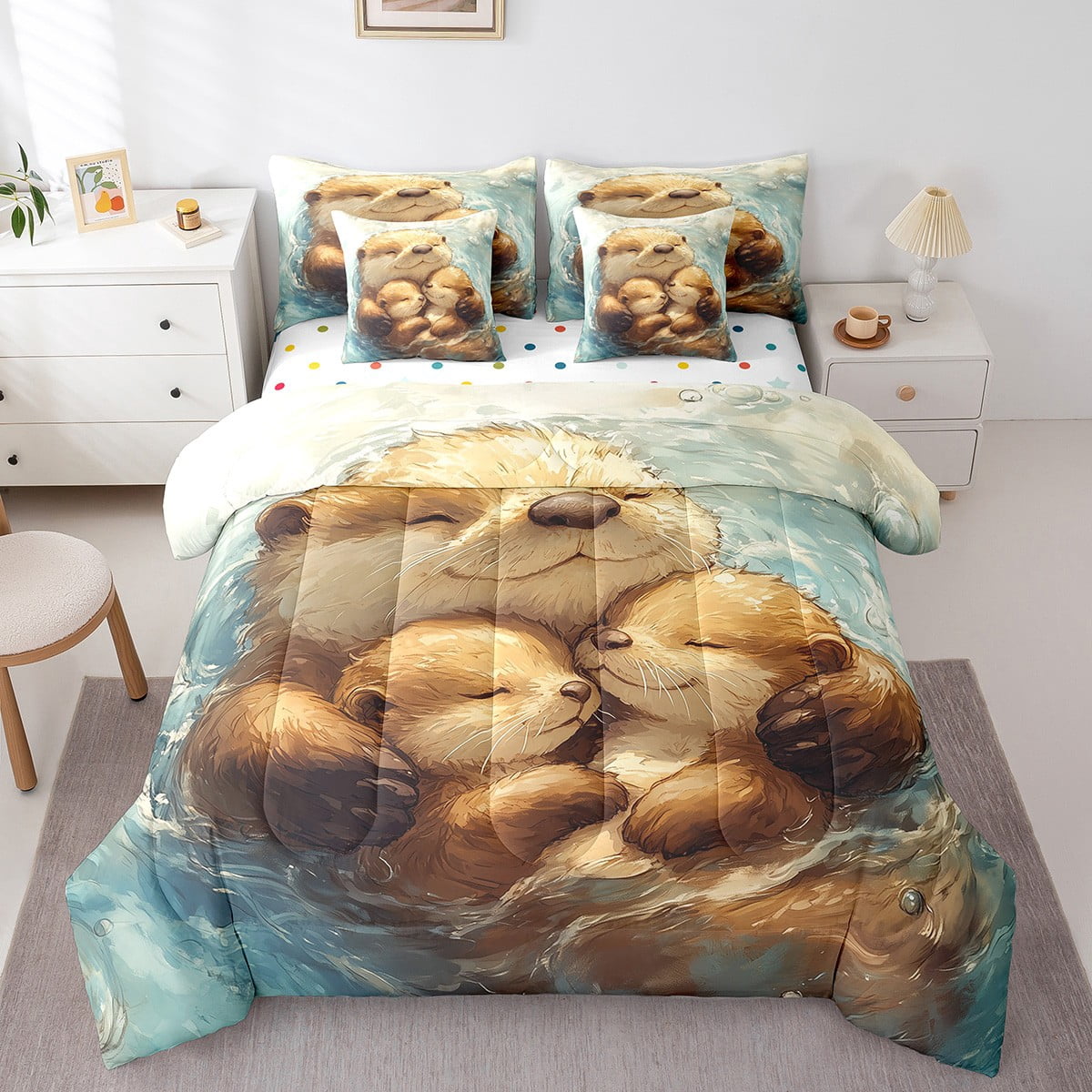 Kawaii Otter Bed In A Bag Sea Animals Pattern Bedding Set 7 Pieces ...