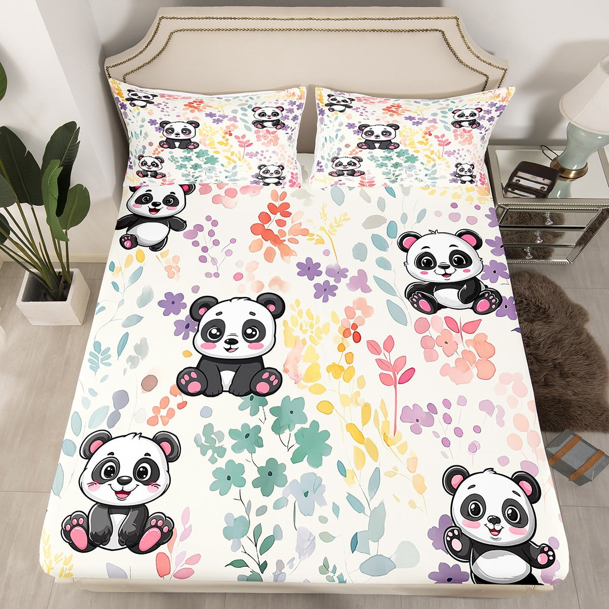 Kawaii Panda Fitted Sheet Queen Size,Cartoon Panda Flower Bedding Set ...