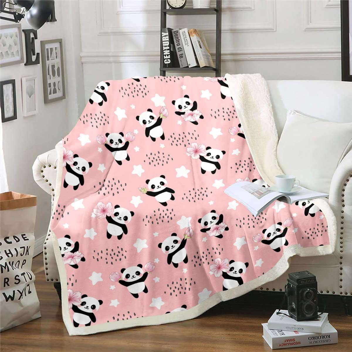 Kawaii Panda Throw Blanket for Bed Couch Girls,Pink Cherry Blossom ...