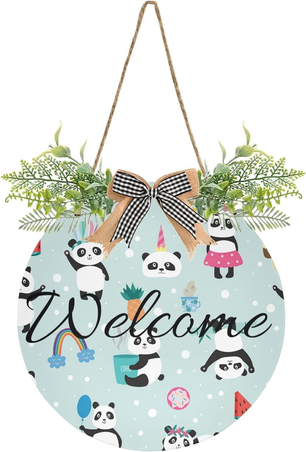 Kawaii Pandas Welcome Sign for Front Door, Round Sign Hanging Welcome ...