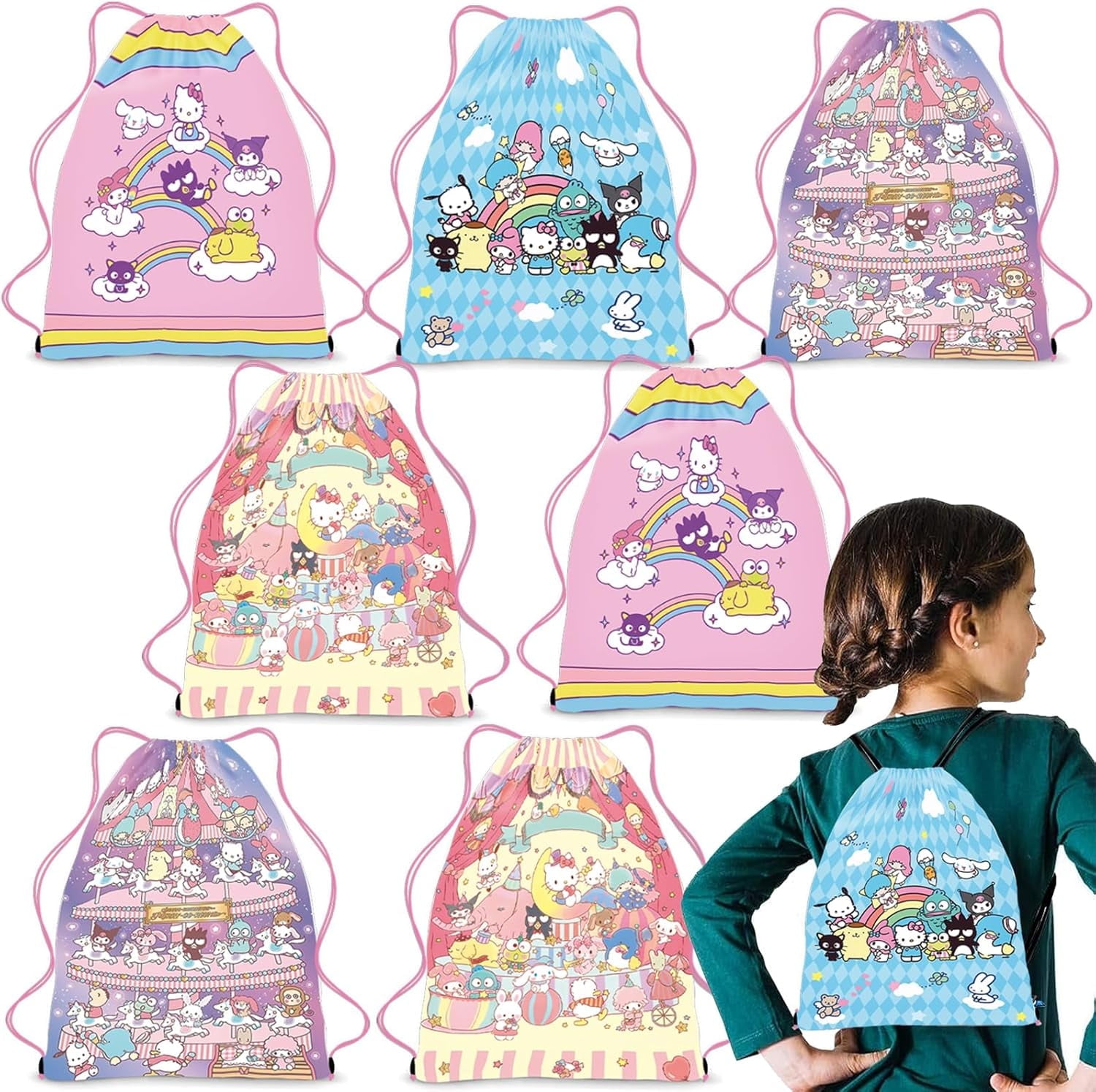 Kawaii Party Drawstring Bags 16Pack, Keroppi Kuromi Melody Birthday ...