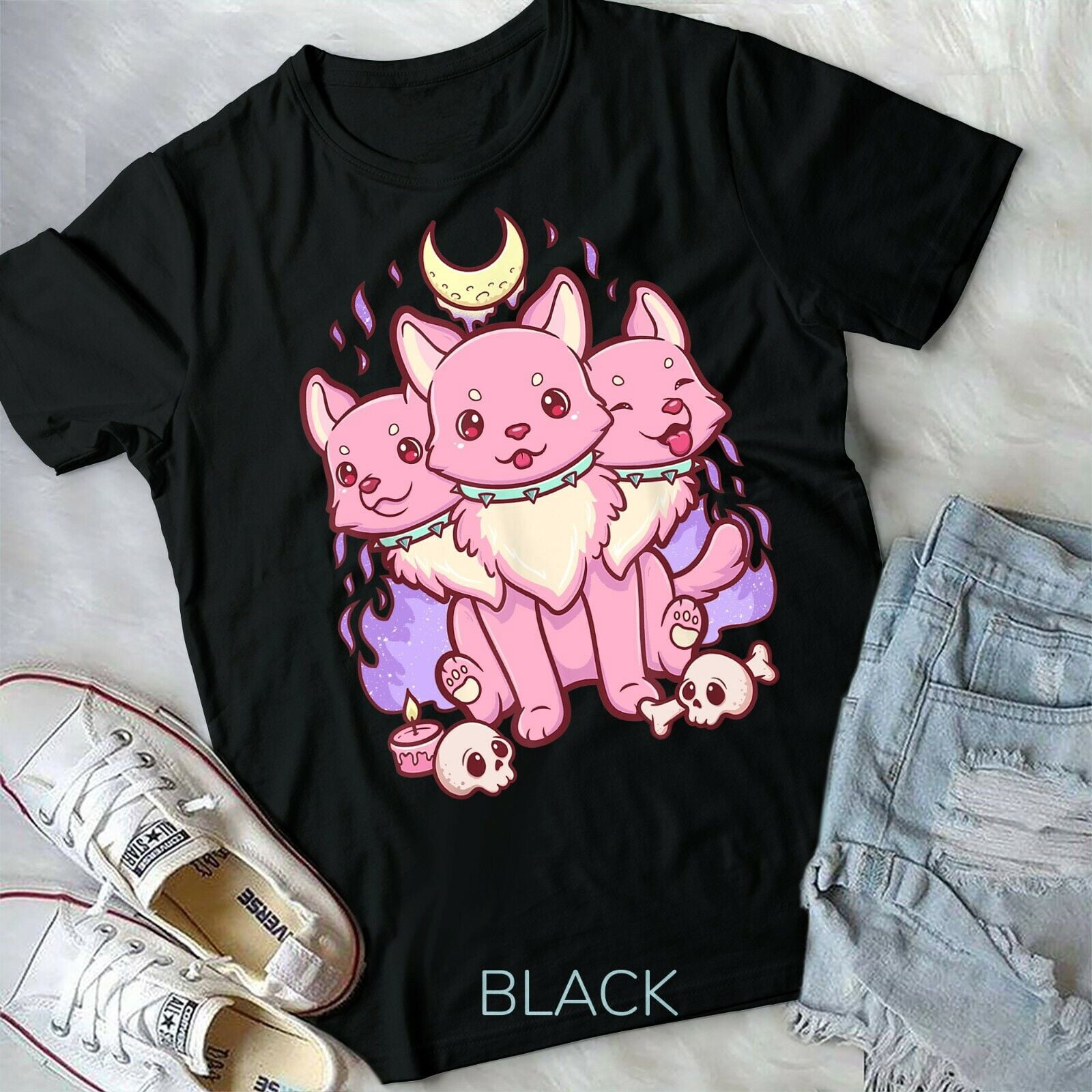 Kawaii Pastel Goth Cute Creepy 3 Headed Dog Anime Vaporwave Aesthetic T ...
