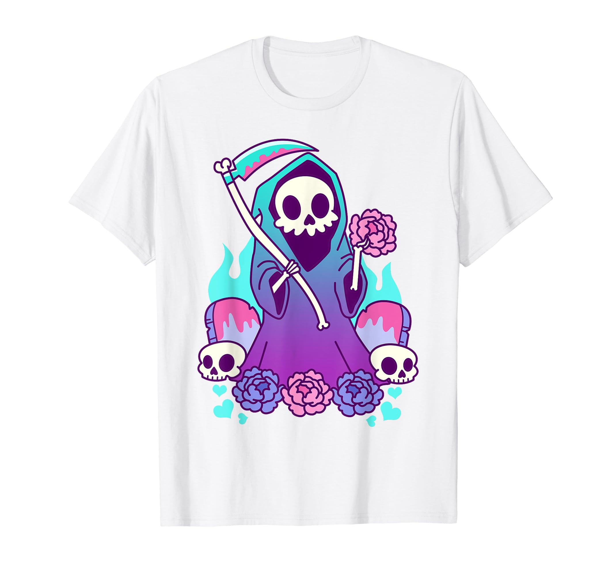 Kawaii Pastel Goth Grim Reaper With Roses Short Sleeve White T-Shirt ...