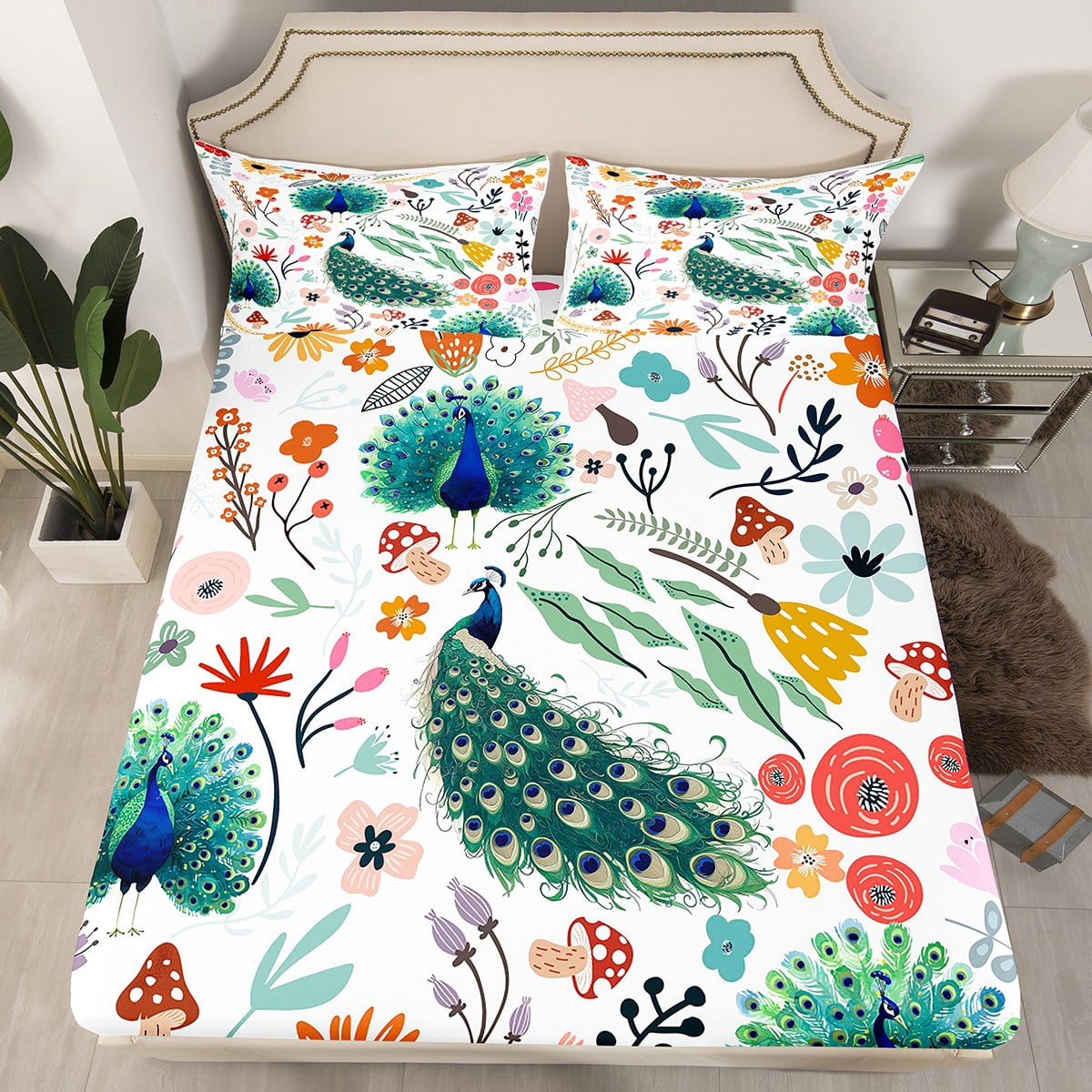 Kawaii Peacock Fitted Sheet Mushroom Floral Twin Bed Sheets,Cartoon ...