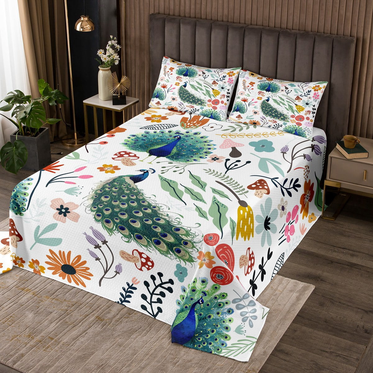 Kawaii Peacock King Bedspread Set,Mushroom Floral Coverlet Set Cartoon ...