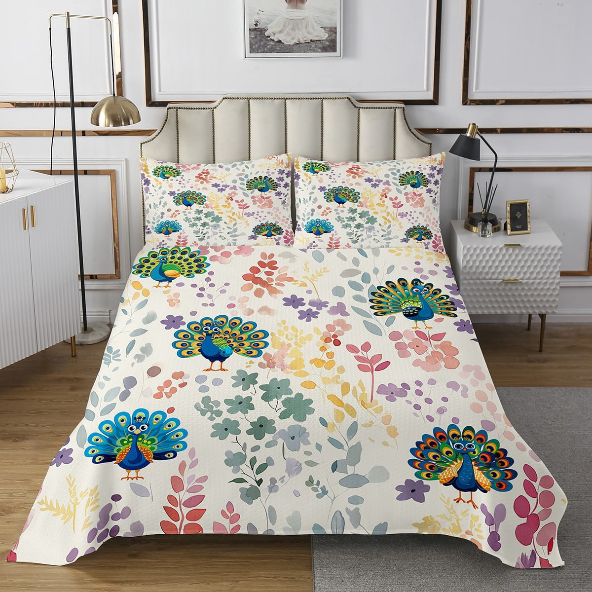 Kawaii Peacock Quilt Set King Size,Cartoon Peacock Flowers Bedding Set ...