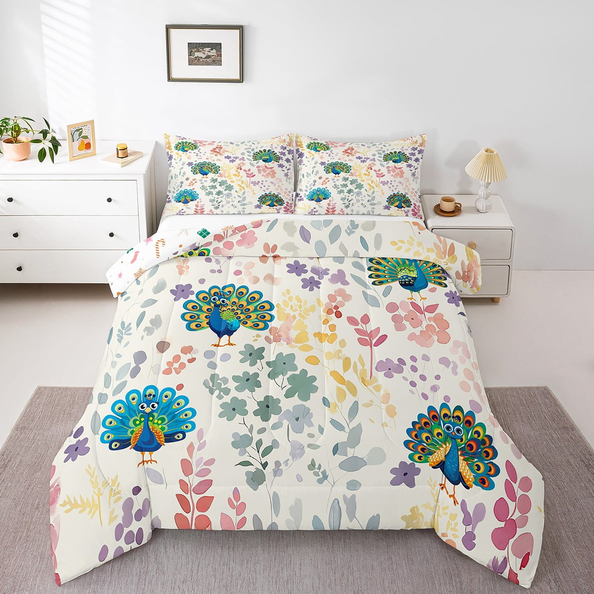 Kawaii Peacock Bedding Set,Cartoon Peacock Flowers Comforter Set ...