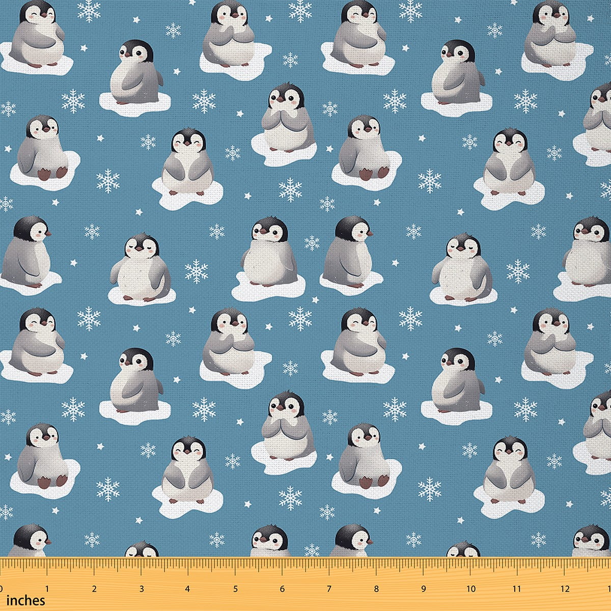 Kawaii Penguin Fabric By The Yard, Cartoon Winter Snowflakes Upholstery ...