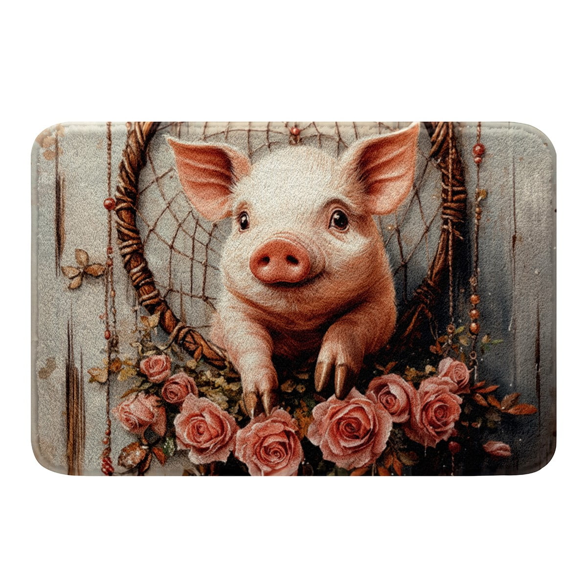 Kawaii Pig Bathroom Rugs Dreamcatcher Shower Mat,Pink Rose Flowers Rug ...
