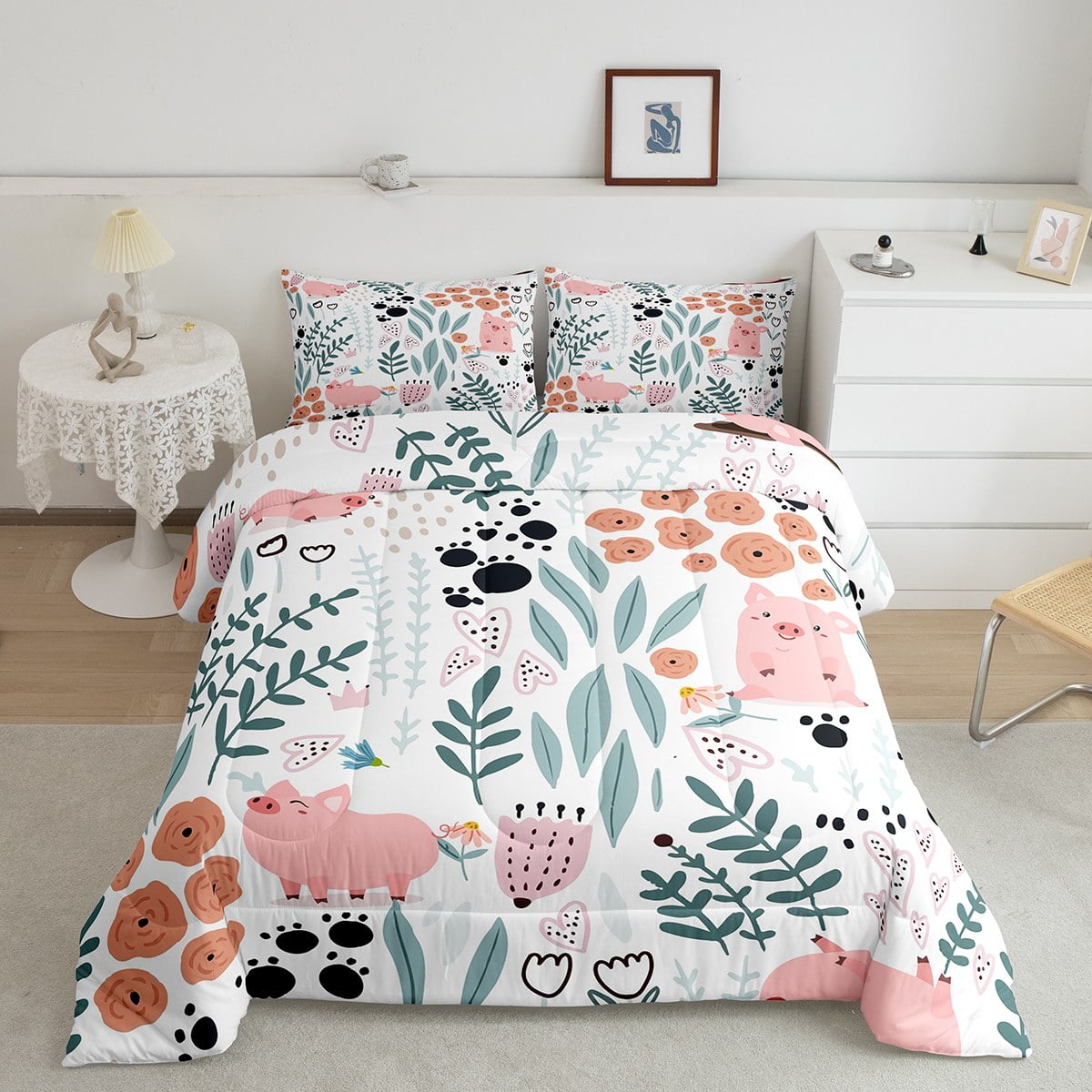 Kawaii Pig Bedding Set,Cartoon Pig Comforter Set Queen,Cute Love Heart ...