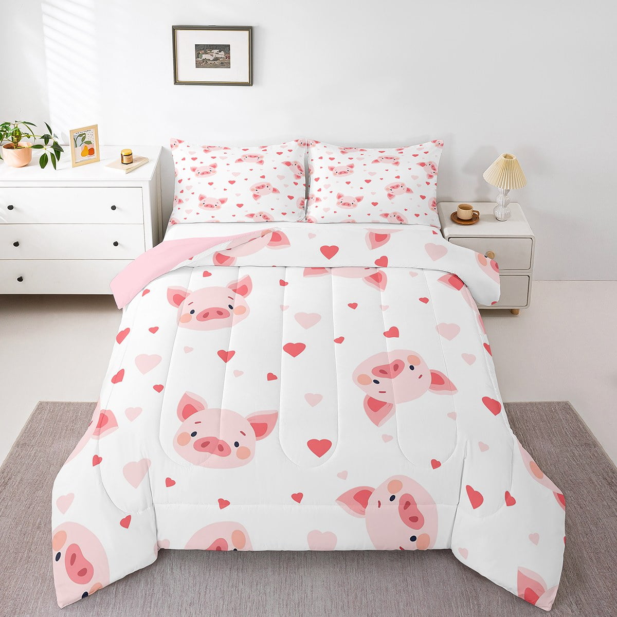 Kawaii Pig Bedding Set Full Size Red Love Hearts Romantic Comforter ...