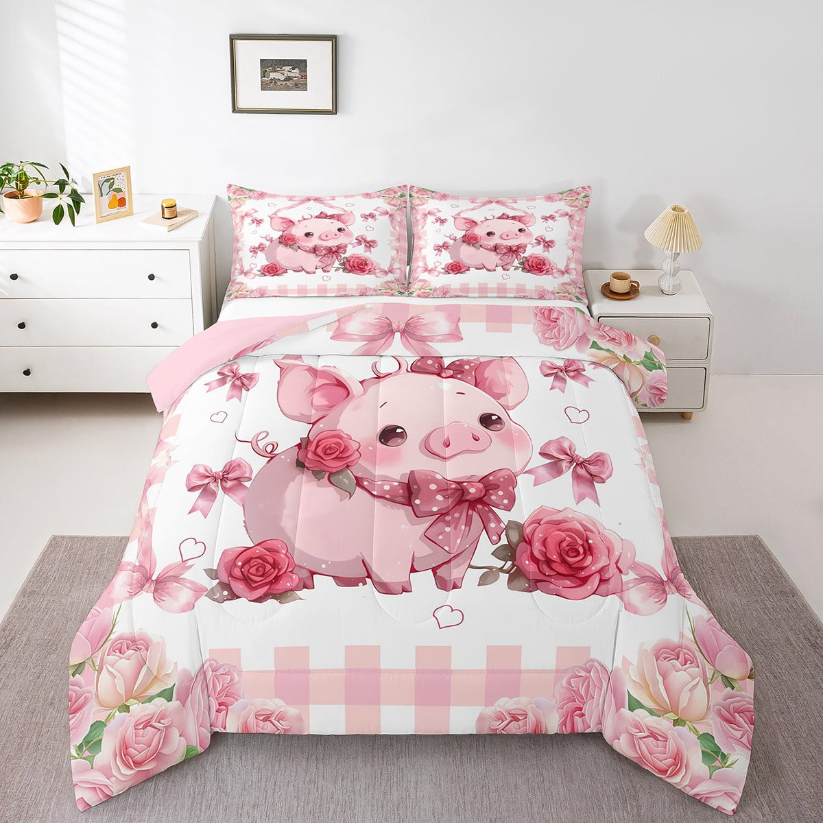 Kawaii Pig Bedding Set Girly Pink Bow Roses Comforter Teens Bedroom ...
