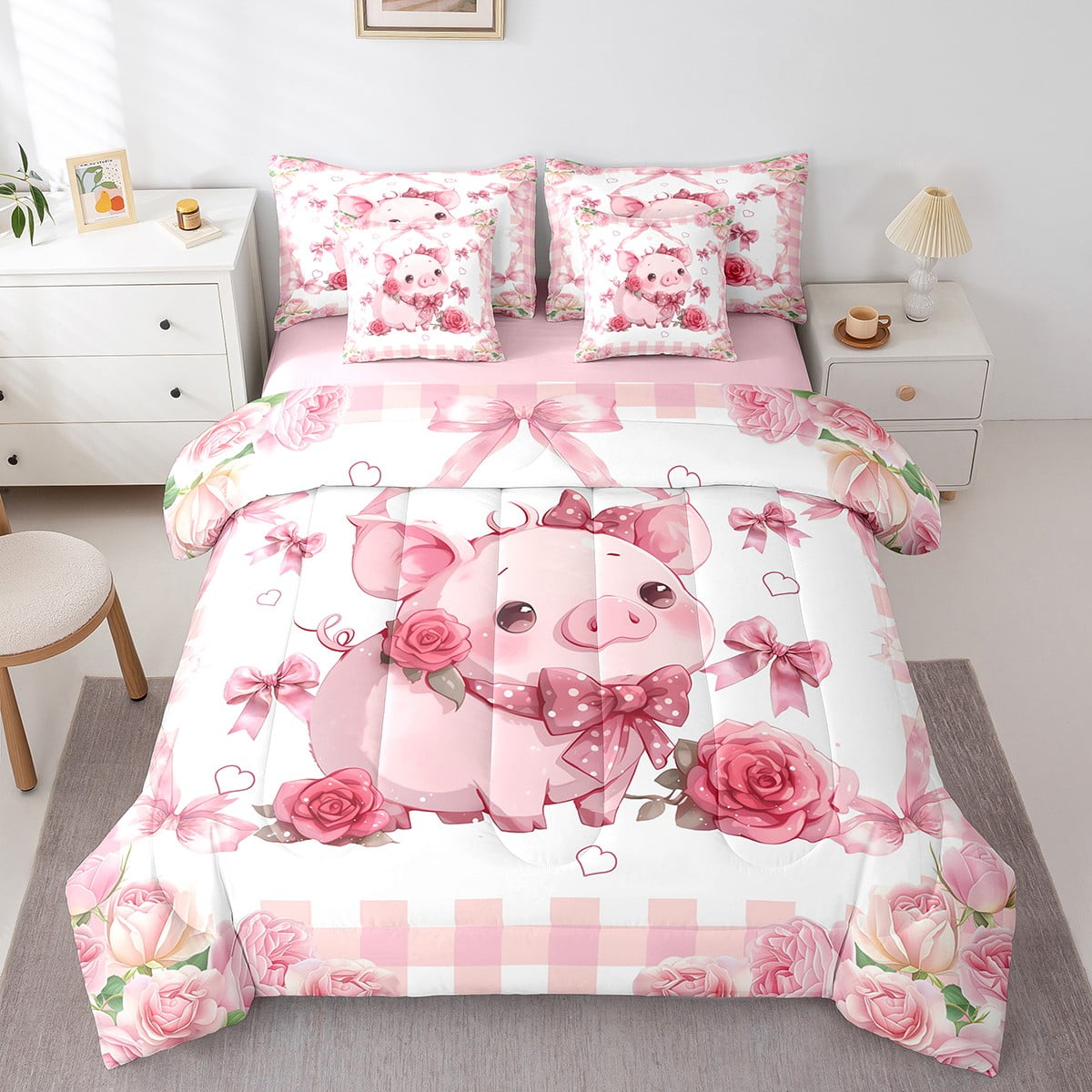 Kawaii Pig Bedding Set Queen Size 7 Pcs,Girly Pink Bow Roses Bed Set ...