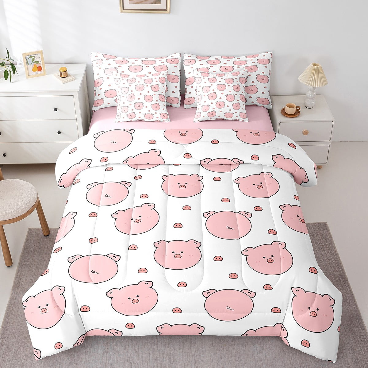 Kawaii Pig Comforter Set with Sheets Girly Cartoon Pig 7 Piece Bedding ...