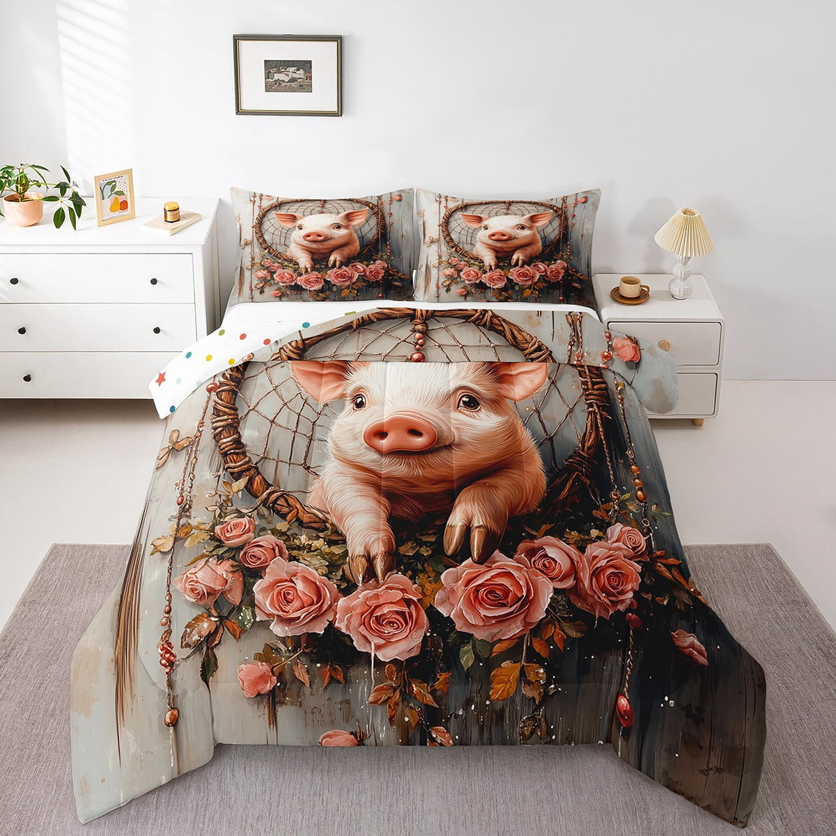 Kawaii Pig Comforter Set Dreamcatcher Quilt Bed Set,Pink Rose Flowers ...
