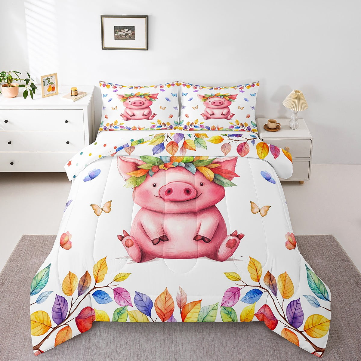 Kawaii Pig King Comforter Set Cartoon Animal Bedding Set, Colorful ...