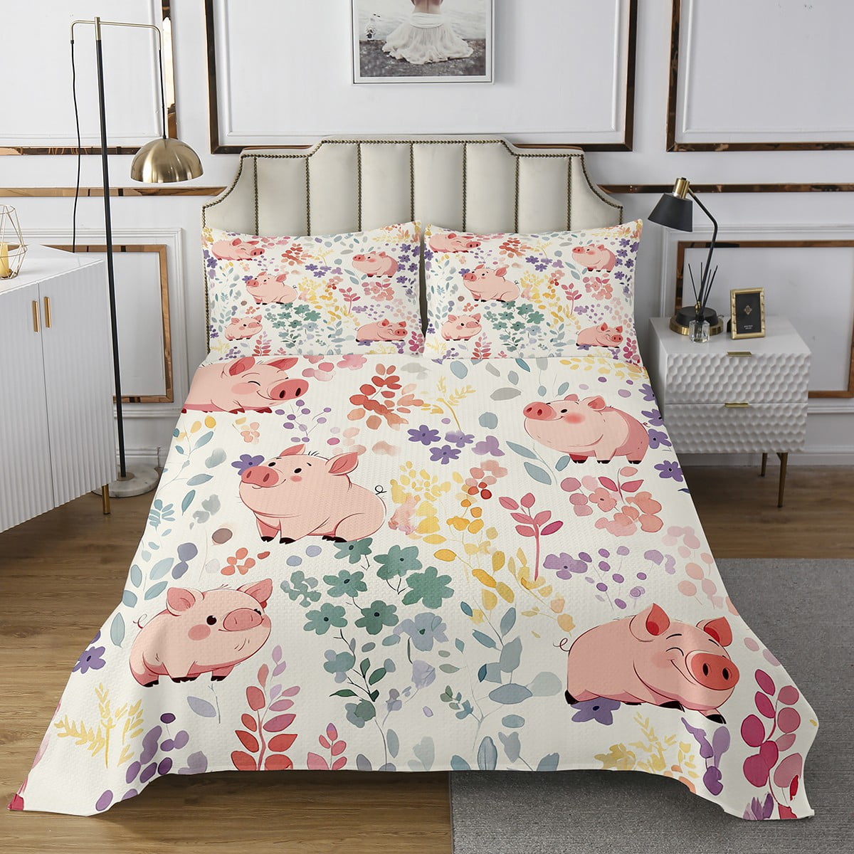Kawaii Pig Quilt Set King Size,Farmhouse Pig Floral Bedding Set,Cute ...