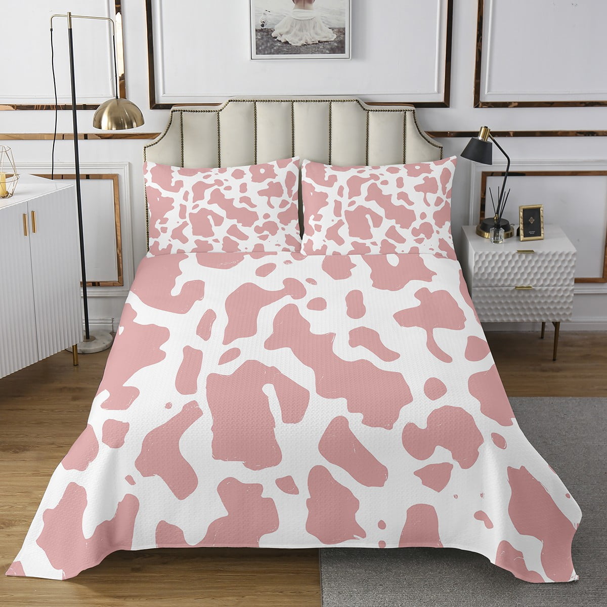 Kawaii Pink Cow Pattern King Bedspread Set,Cartoon Cow Print Cozy Quilt ...