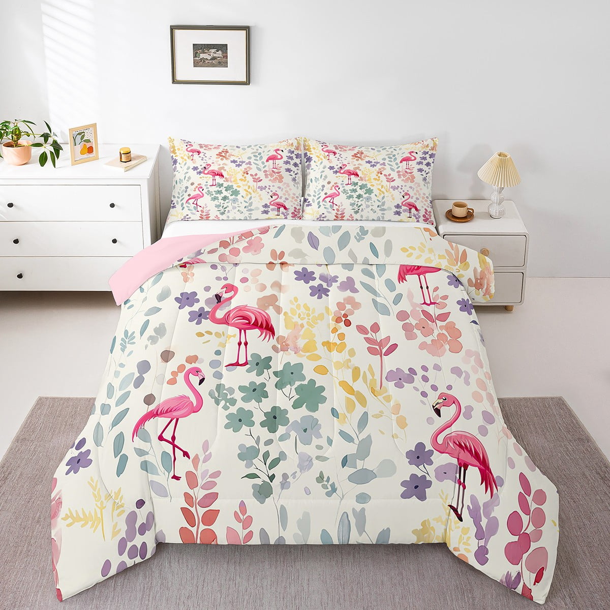Kawaii Pink Flamingo Bedding Set King Size,Cute Flamingo Flower ...