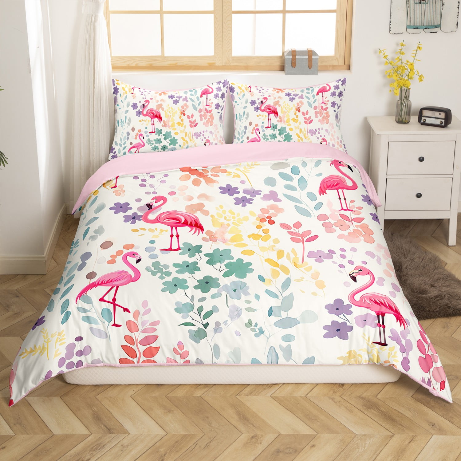 Kawaii Pink Flamingo Bedding Set,Cute Flamingo Flower Duvet Cover ...