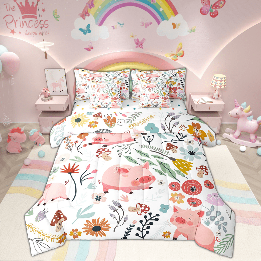 Kawaii Pink Pig Comforter Set 7 Piece Bed in a Bag Twin,Mushroom Floral ...