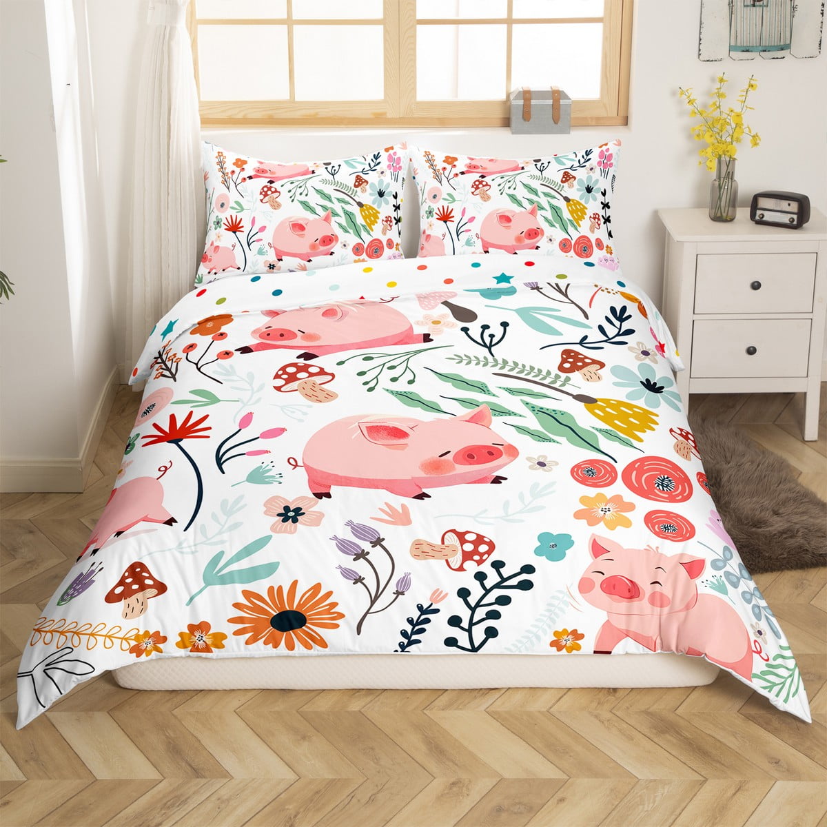 Kawaii Pink Pig King Bedding Sets,Mushroom Floral Comforter Cover ...