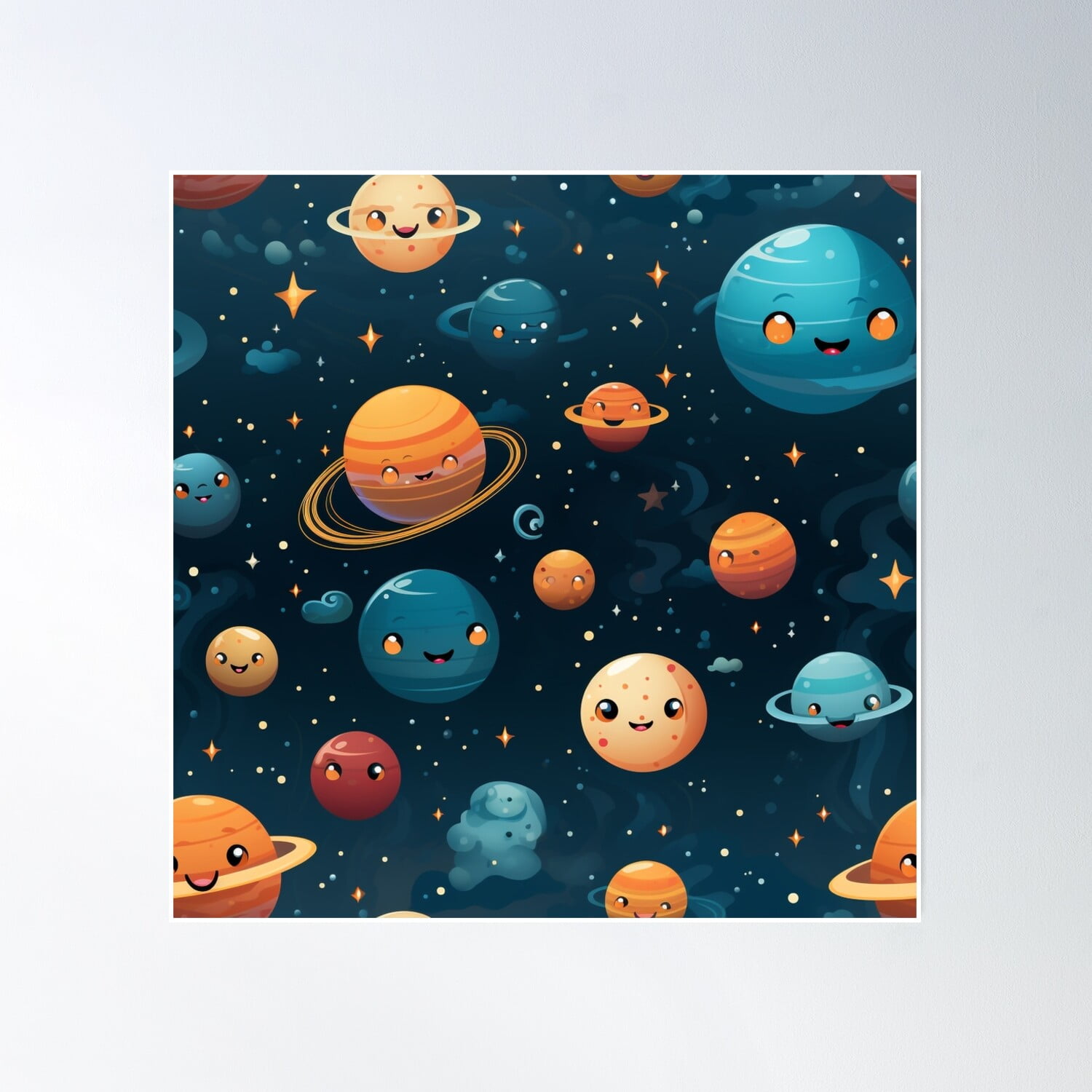 Kawaii Planets & Stars: Dark Sky-Blue Emotions Poster Wall Art, Modern ...