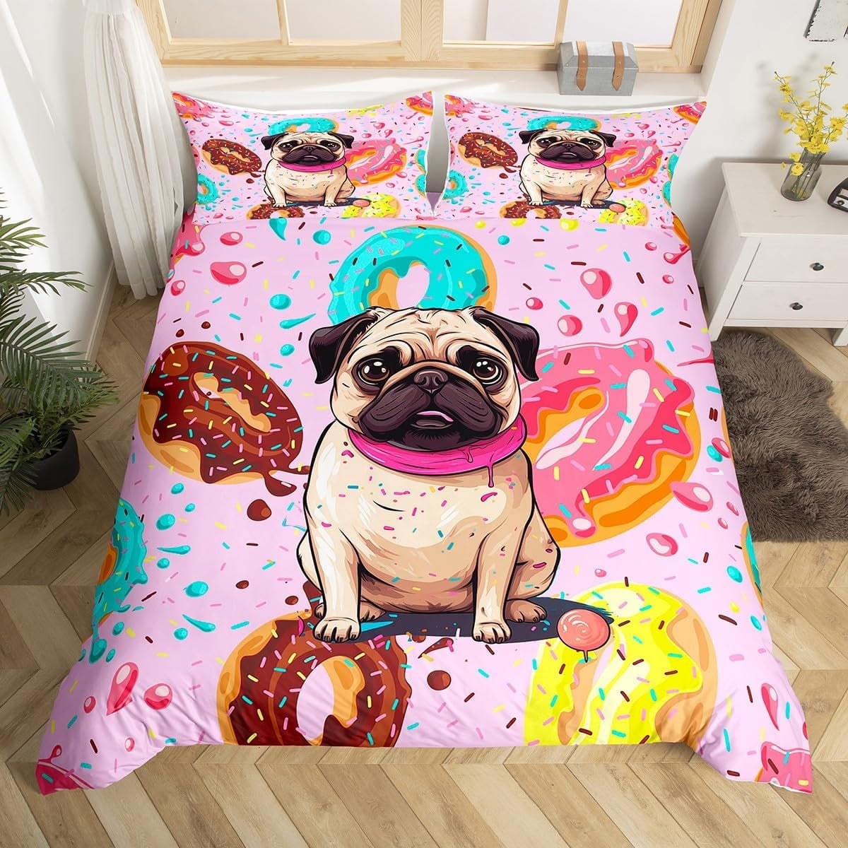 Kawaii Pug Dog Bed Sets, Girls Colorful Tie Dye Donut Comforter Cover ...