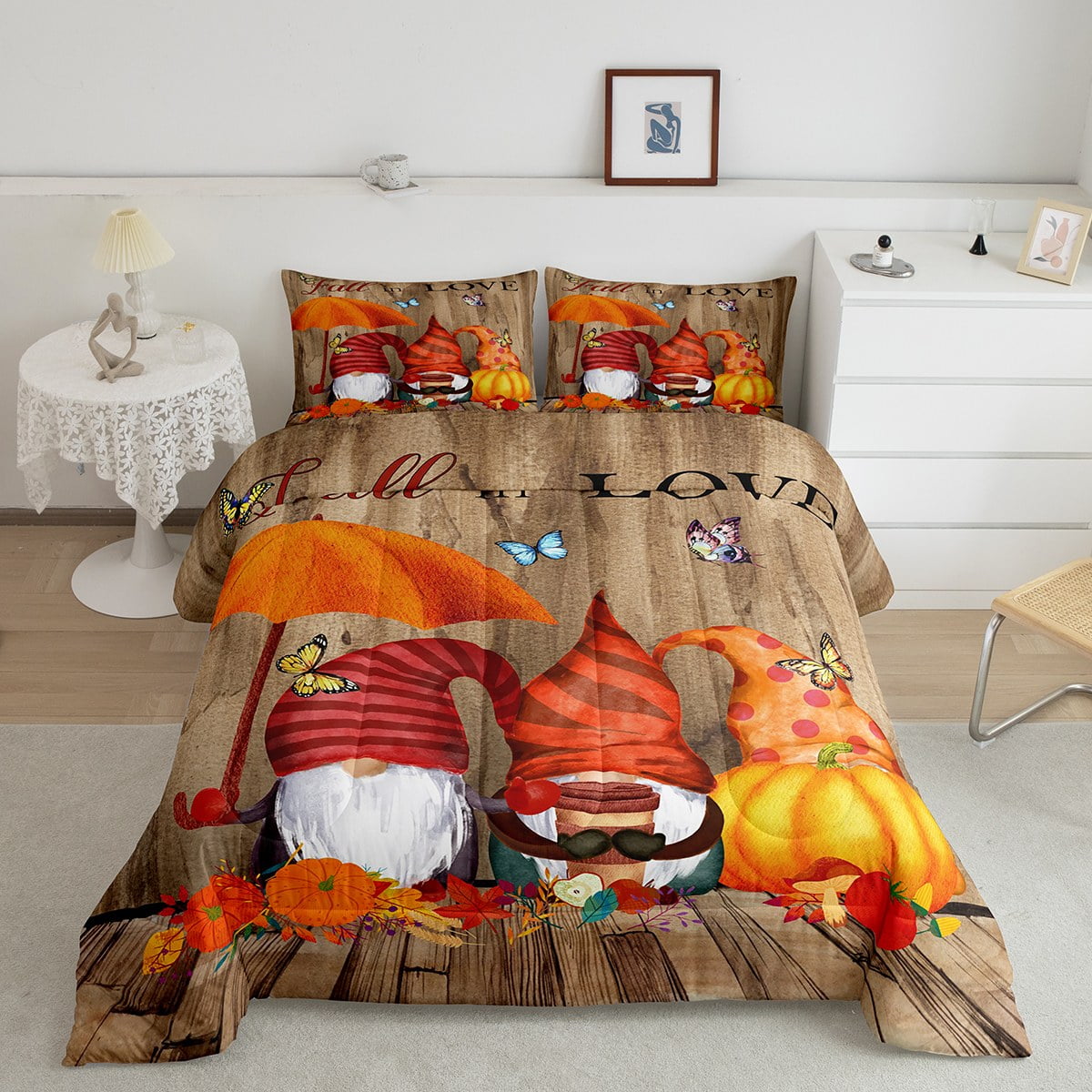 Kawaii Pumpkin Gnome Comforter Set Twin, Rustic Farmhouse Style Bedding ...