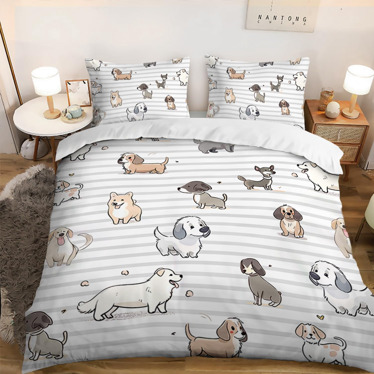 Kawaii Puppy Duvet Cover Full Size Cute Dog Animal Bedding Set for Kids ...