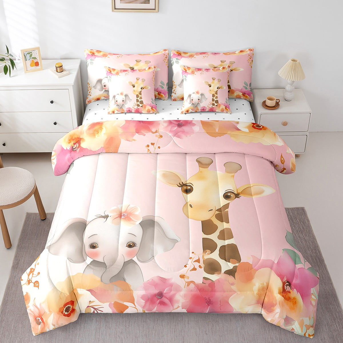 Kawaii Queen Comforter Set,7 Pieces Cartoon Elephant Giraffe Animal ...
