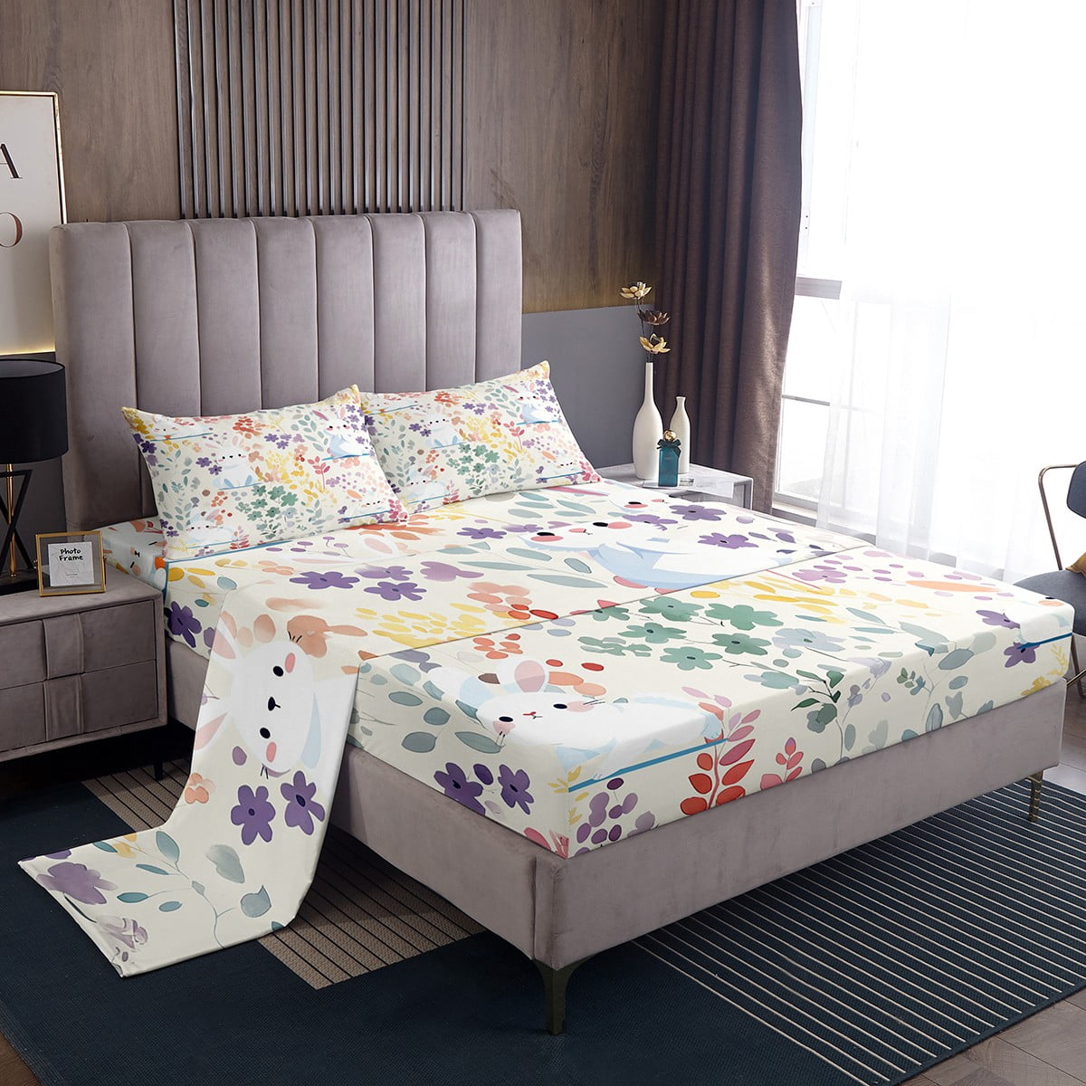 Kawaii Rabbit Bed Sheets Set Queen Size,Cartoon Bunny Floral Bedding ...