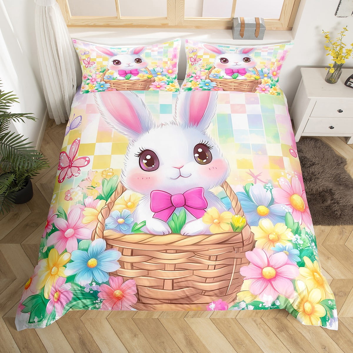 Kawaii Rabbit Bedding Set Groovy Flowers Printed Twin Comforter ...