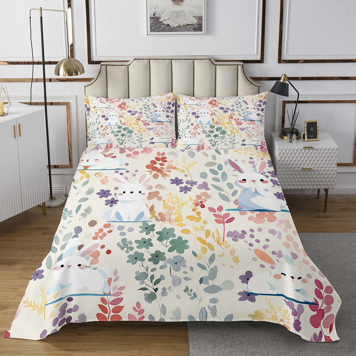 Kawaii Rabbit Bedding Set Queen Size,Cartoon Bunny Floral Quilt Set ...