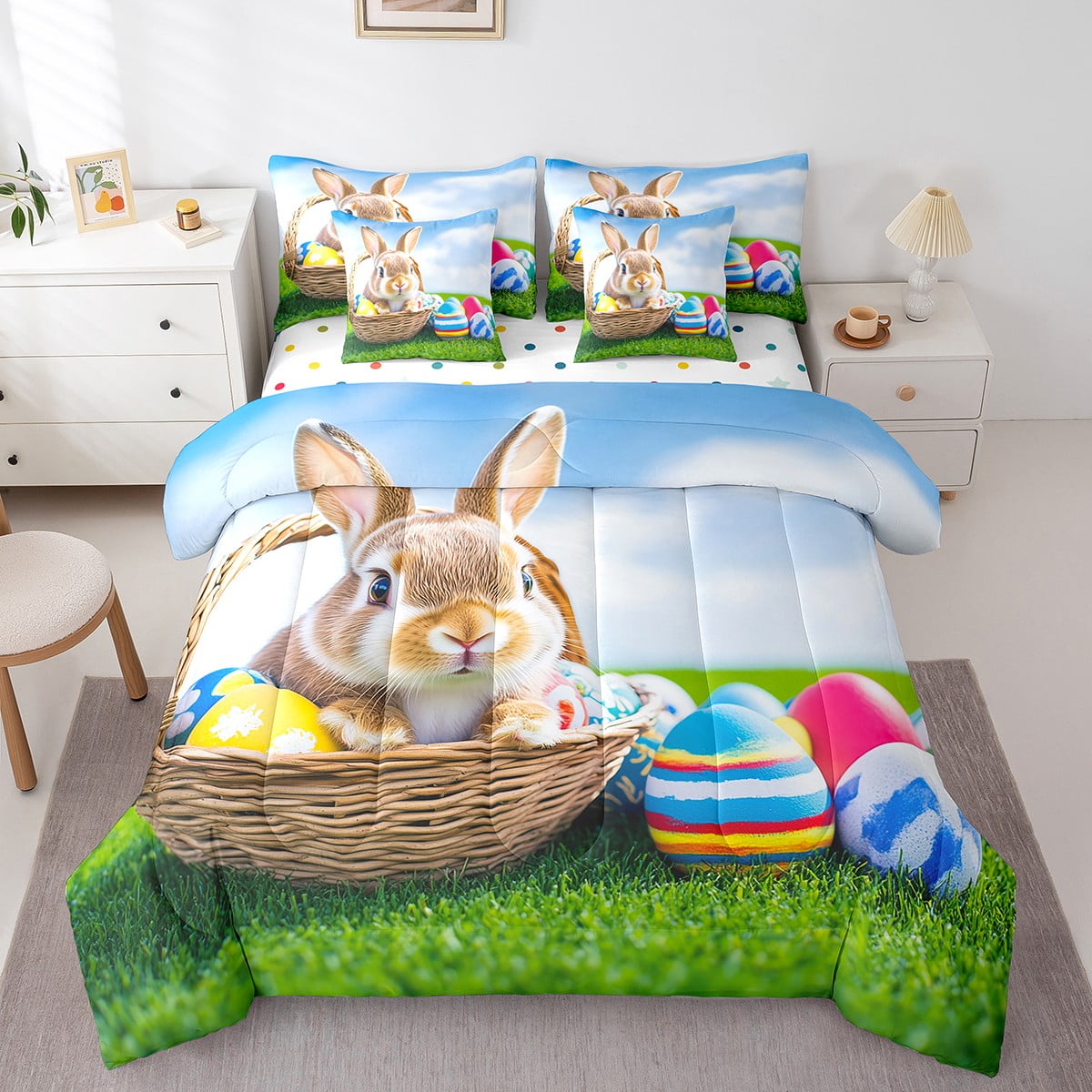 Kawaii Rabbit Comforter Set 7 Piece Bed in a Bag Twin,Watercolor Eggs ...