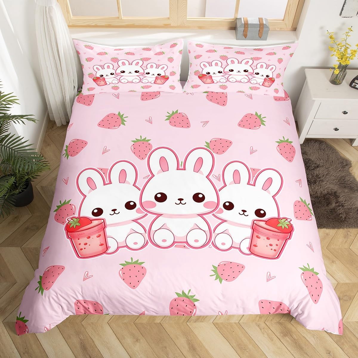 Kawaii Rabbit Duvet Cover Set King Size, Pink Strawberry Bedding Set ...