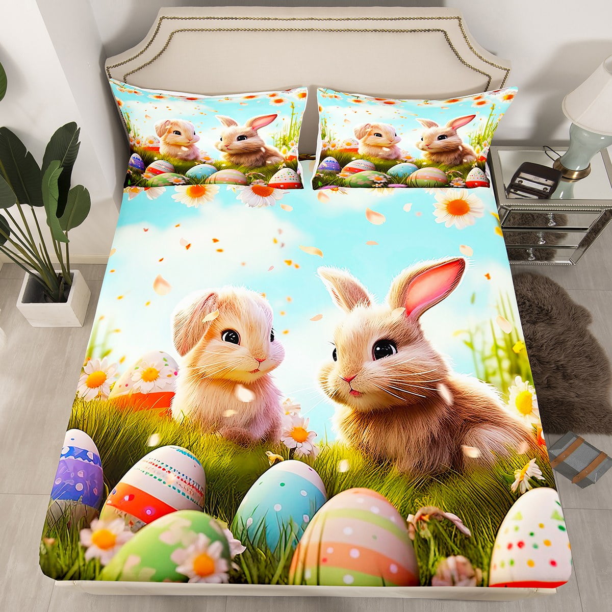 Kawaii Rabbit Fitted Sheet for Kids Girls Boys Easter Decorations Bed ...