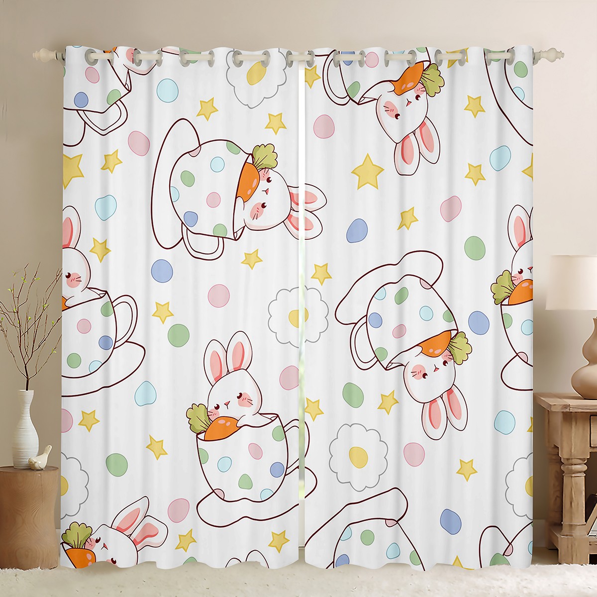 Kawaii Rabbits Curtains Women Bedroom Groovy Daisy Flowers Stars Dots ...