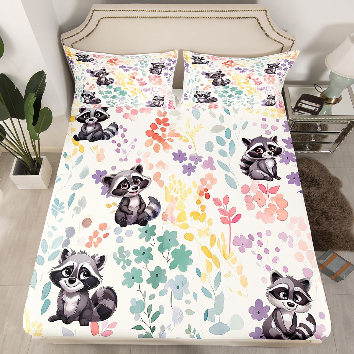 Kawaii Raccoon Fitted Sheet Full Size,Cartoon Raccoon Flower Bedding ...