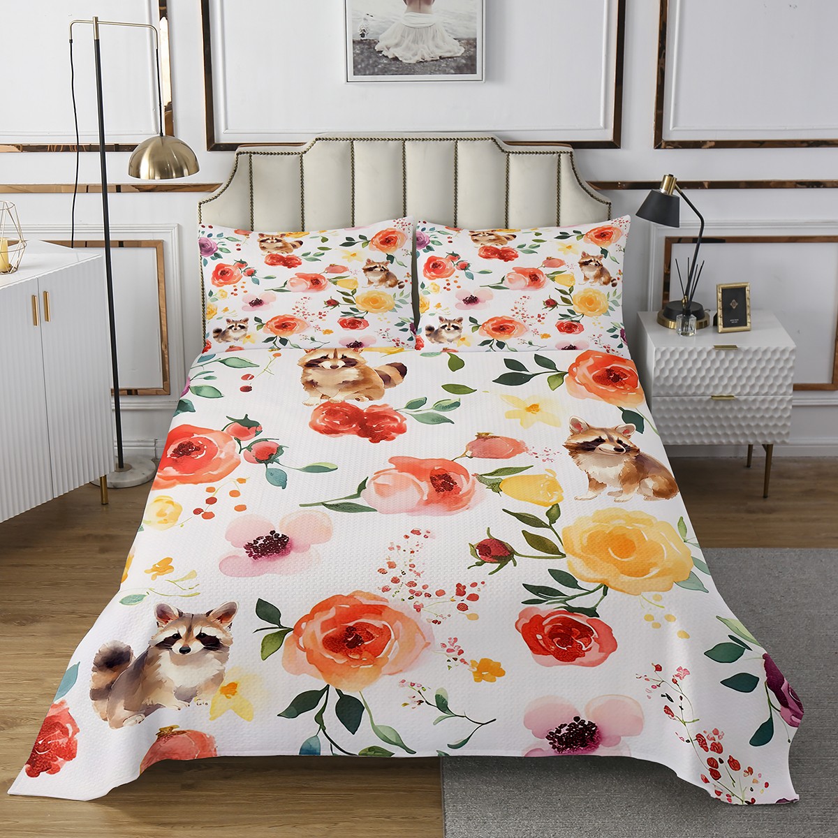 Kawaii Raccoon Queen Bedding Set,Botanical Flowers Floral Bedspread Set ...