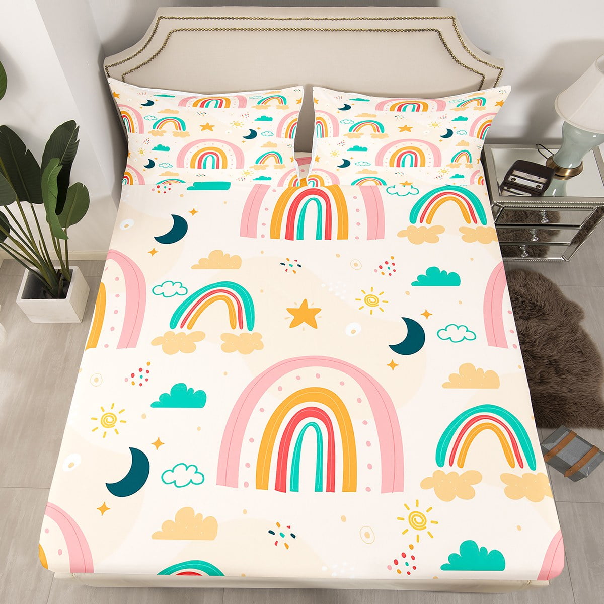 Kawaii Rainbow Full Sheets Moon and Stars Bed Sheets, Cute Polka Dots ...