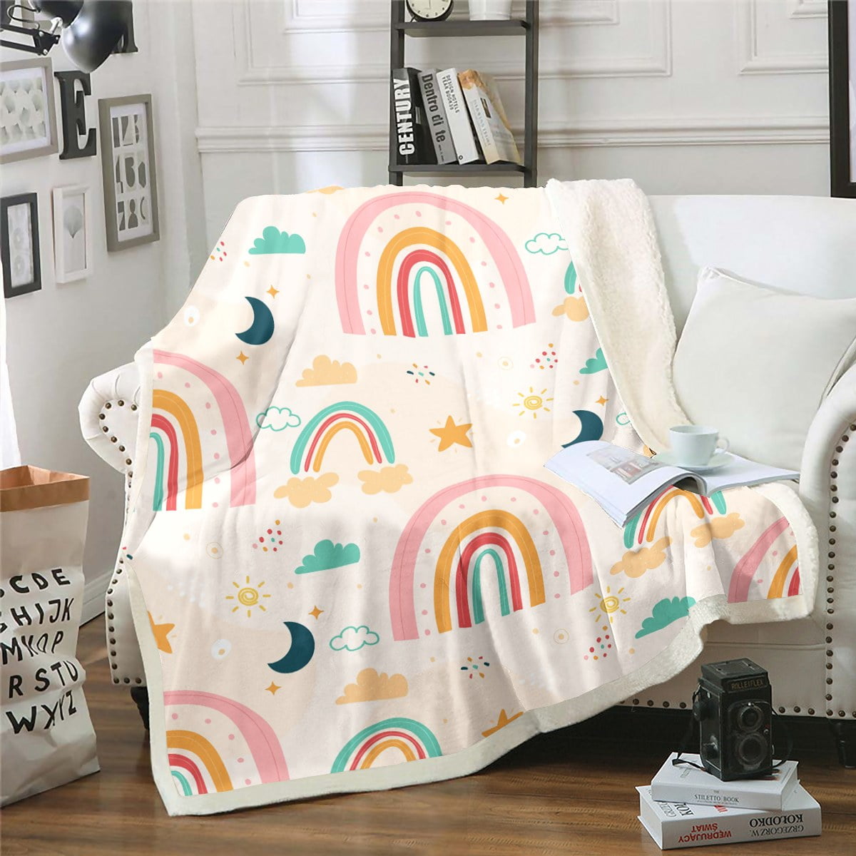 Kawaii Rainbow Sherpa Blanket Moon and Stars Blanket, Cute Polka Dots ...