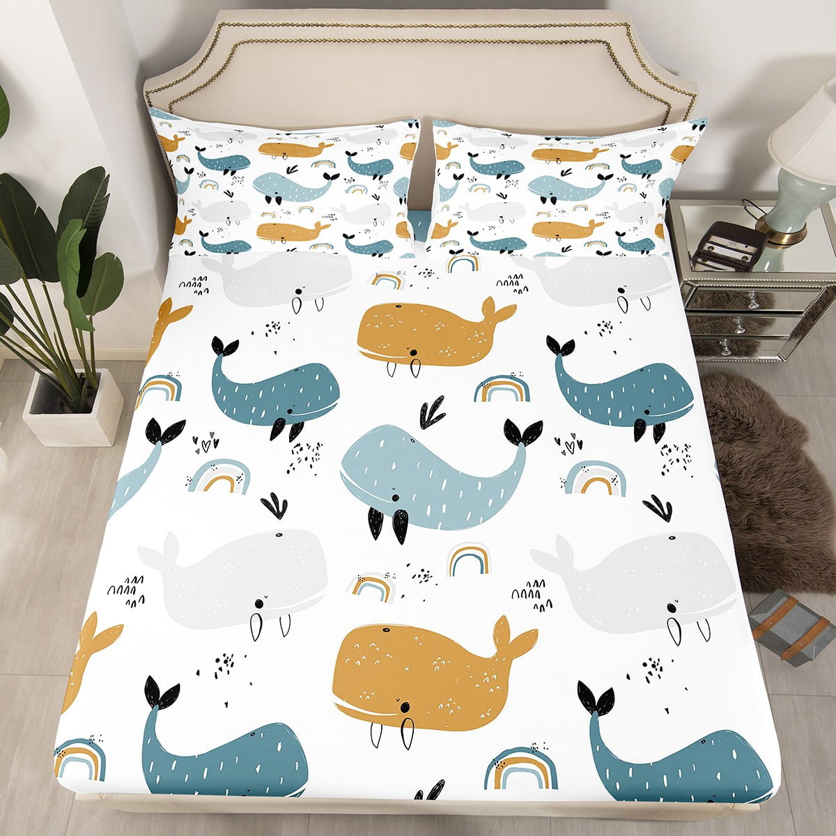 Kawaii Rainbow Whale Bed Sheets Set Queen, Cartoon Whale Fitted Sheet ...