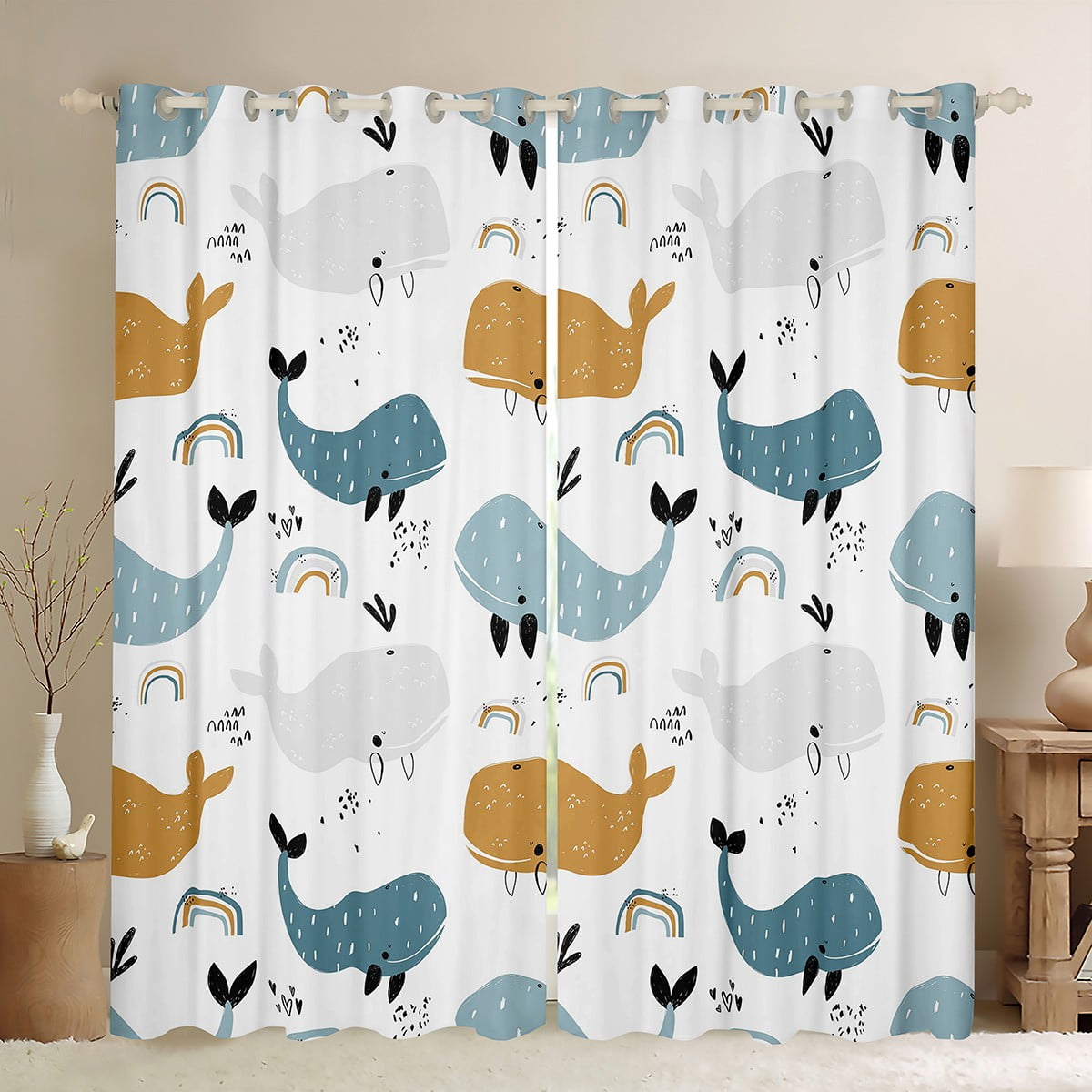 Kawaii Rainbow Whale Blackout Curtains, Cartoon Whale Curtains, Cute ...