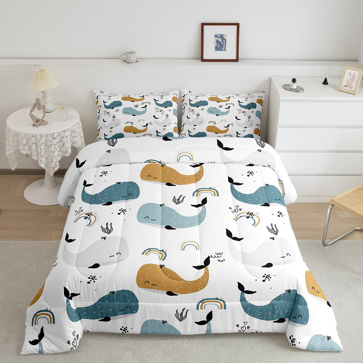 Kawaii Rainbow Whale Comforter Set Queen, Cartoon Whale Bedding Sets ...
