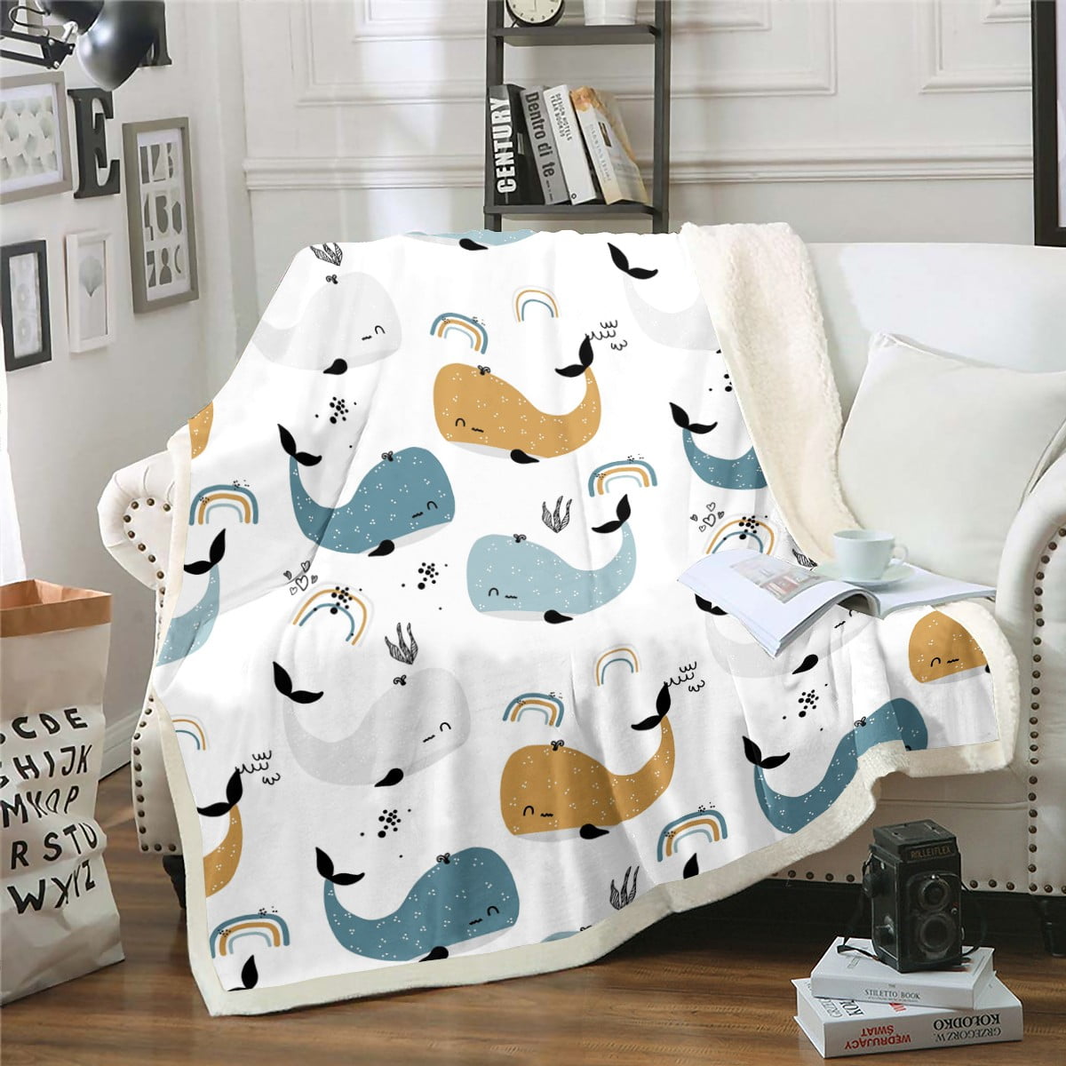 Kawaii Rainbow Whale Throw Blanket 40"X50", Cartoon Whale Sherpa ...