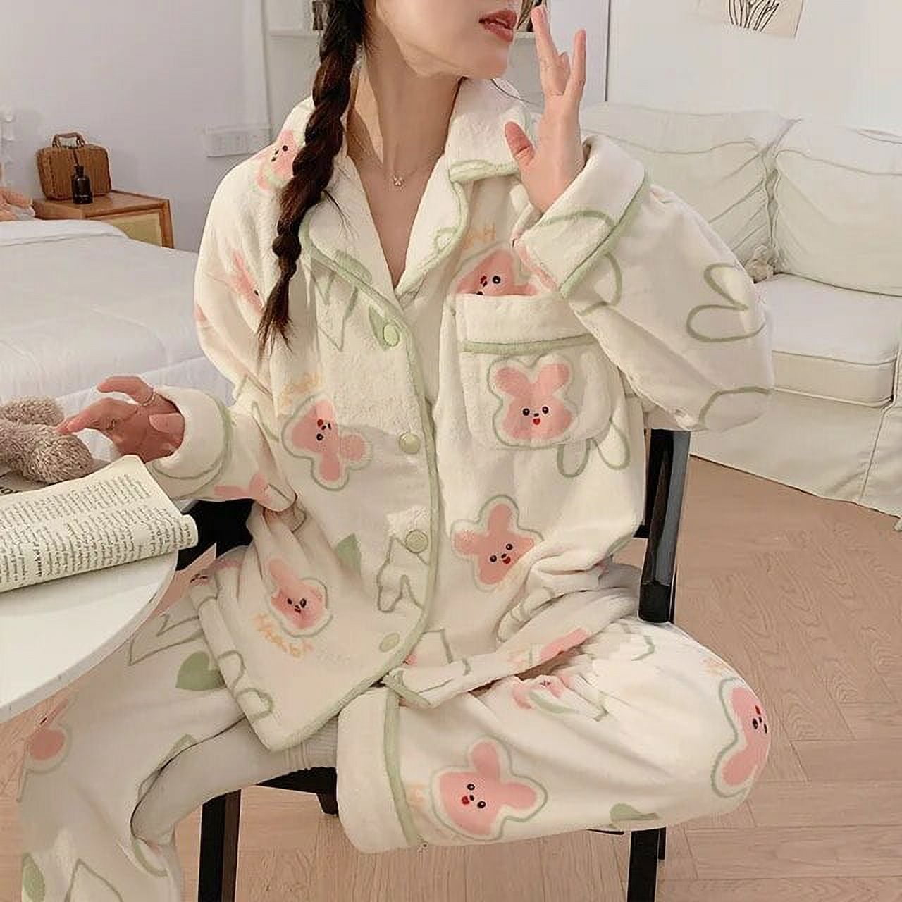 Kawaii Sanrio Coral Velvet Pajama Set Women Kuromi Plush Thickened