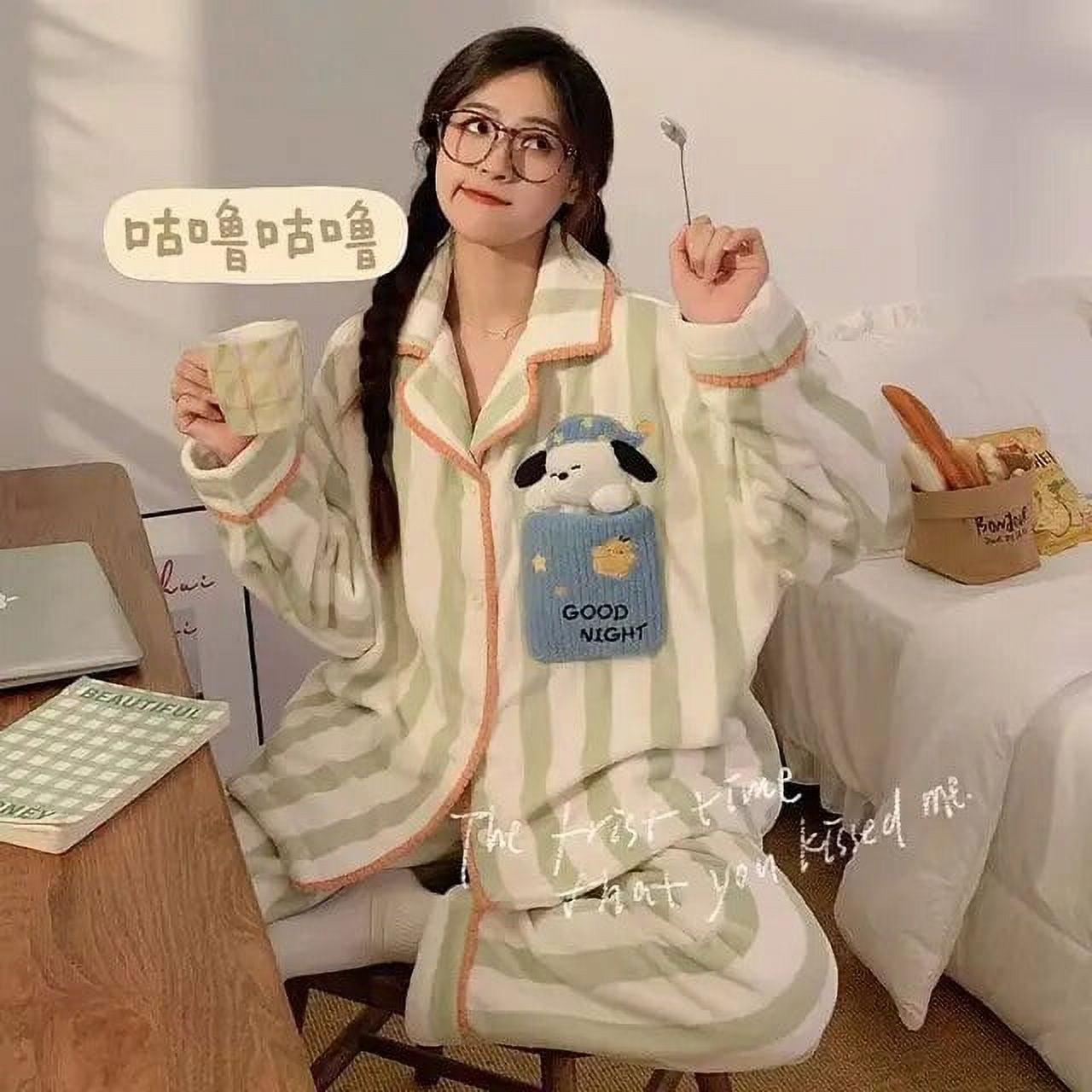 Kawaii Sanrio Coral Velvet Pajama Set Women Kuromi Plush Thickened